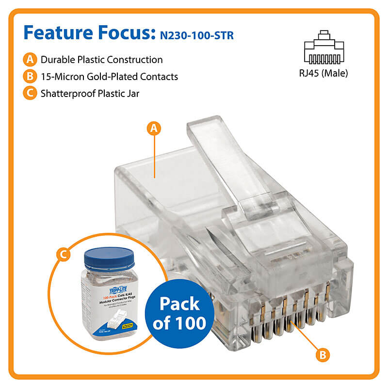 N230-100-STR CAT6 RJ45 CONNECTOR UTP 15 MICRONS 100PK